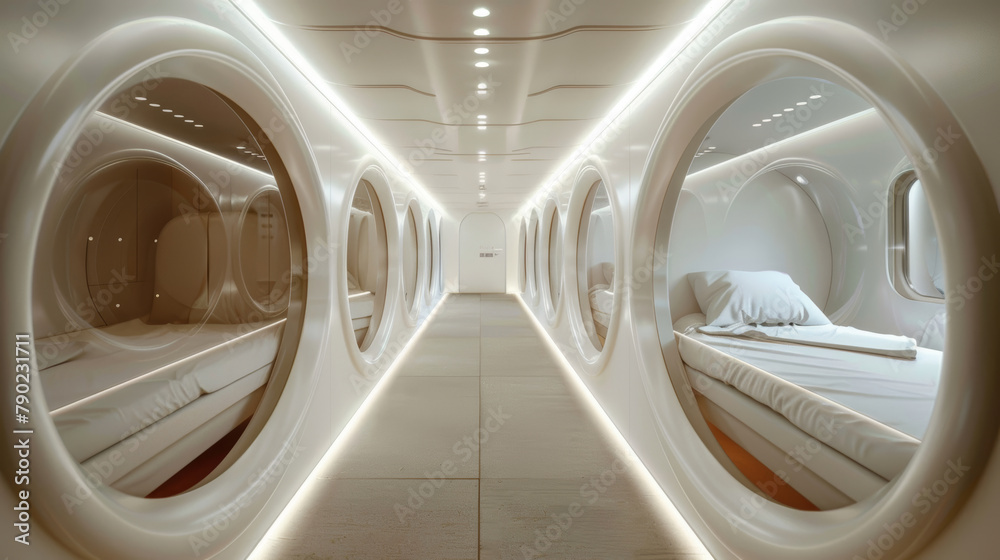 Modern comfort meets sci-fi in a corridor of capsule sleeping pods, a ...