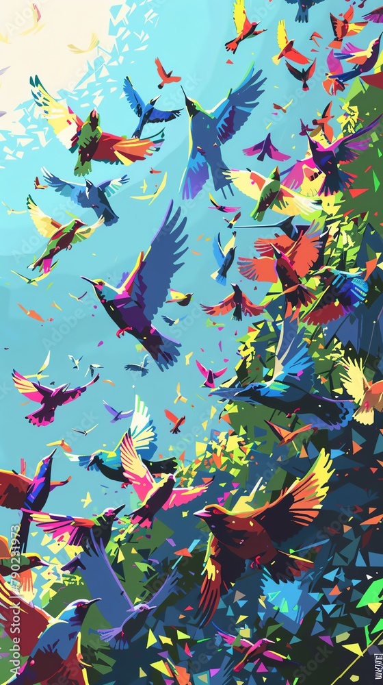 Produce a captivating pixel art interpretation of a flock of colorful ...