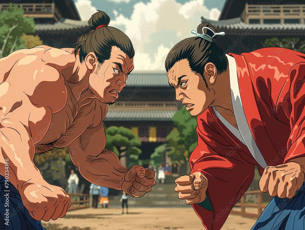 Cartoon sumo wrestlers in a competitive bout, traditional dohyo ring ...