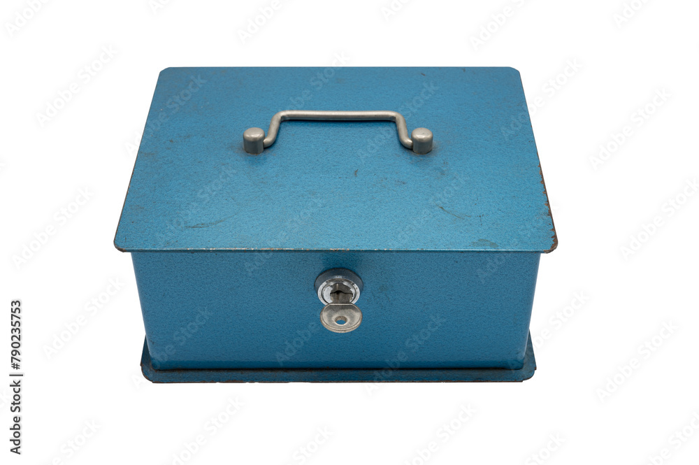 Detail of an old metal box closed with a key on a white background ...