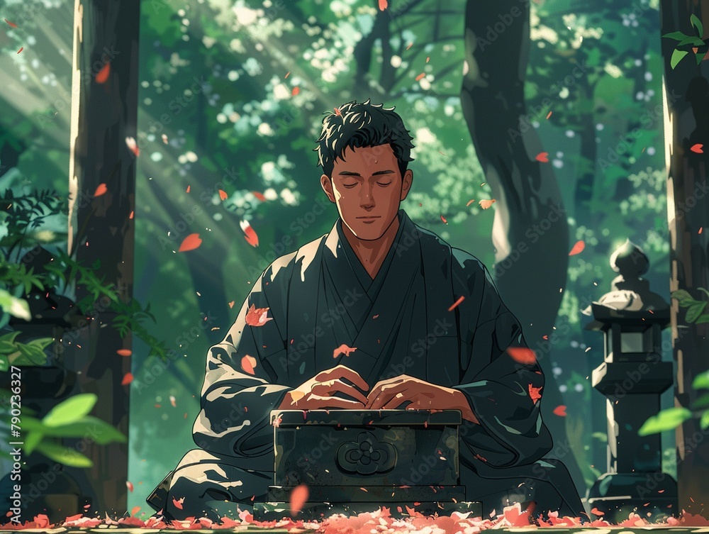 Cartoon Shinto priest performing a ritual, sacred shrine surrounded by ...