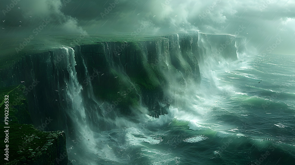 A powerful windstorm causing sea spray to be blown over sea cliffs, the ...