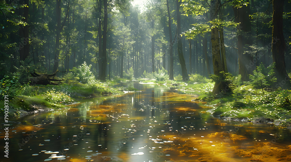 A quiet forest clearing with a small, clear stream flowing through ...