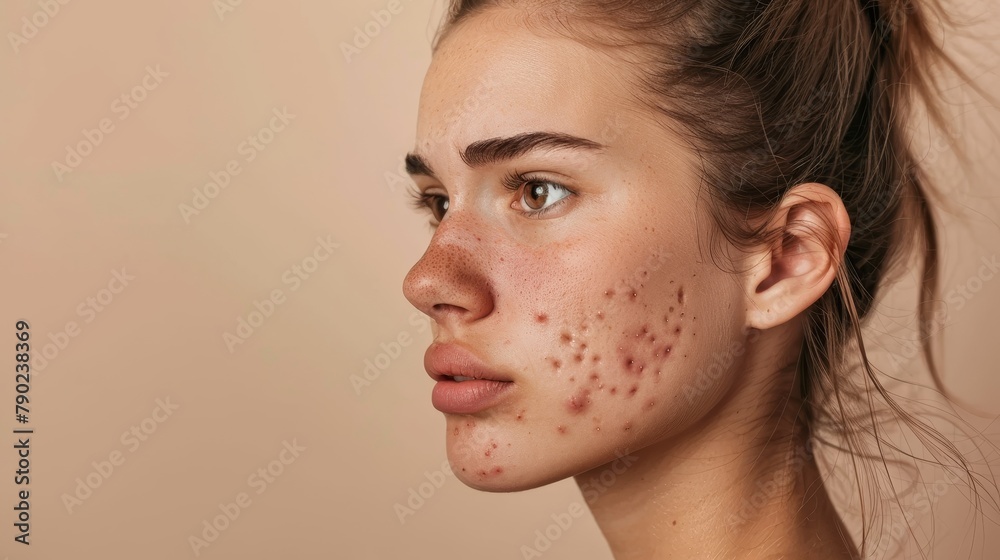 Profile of a young woman's face with acne and clear skin, showcasing ...