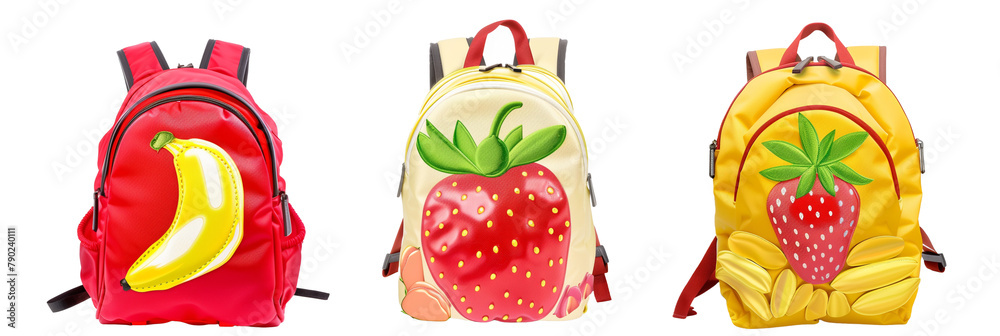 set of different fruit-themed backpacks for children, featuring ...