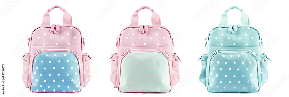 set of different polka-dotted school bags in pastel colors, perfect for ...