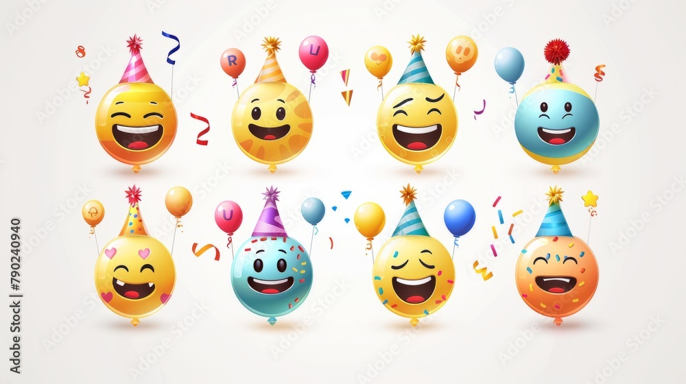 Vibrant birthday emoji vector set: cheerful emoticon party icons on ...