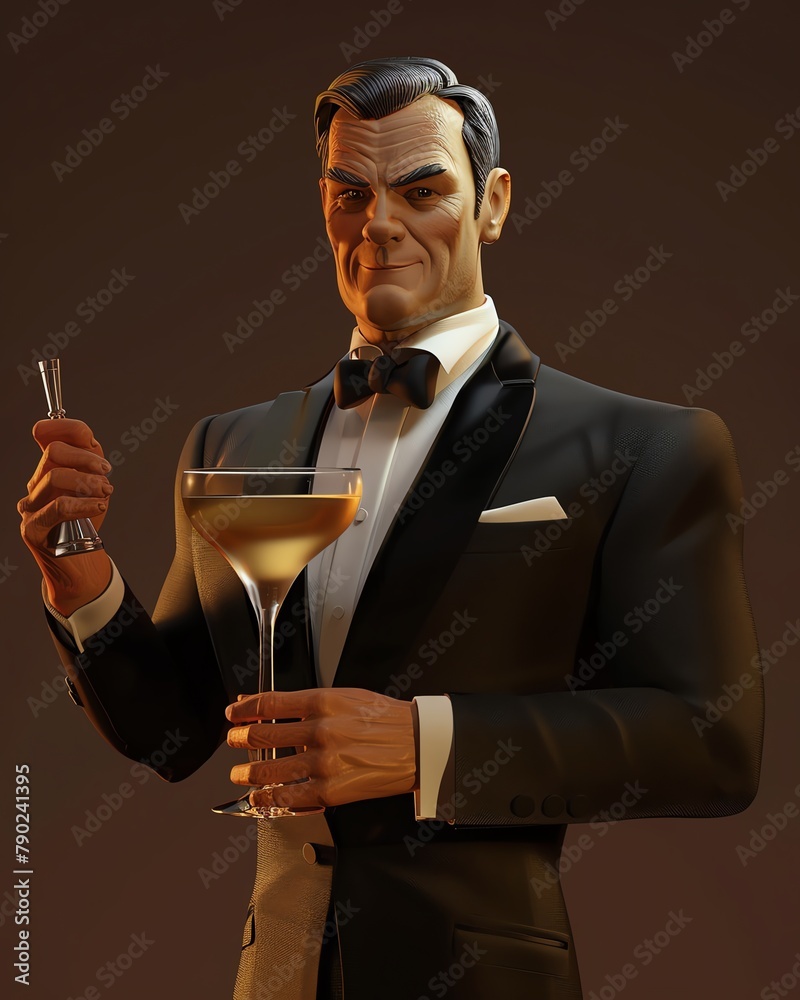 Render a digital 3D model of the iconic James Bond holding a martini ...