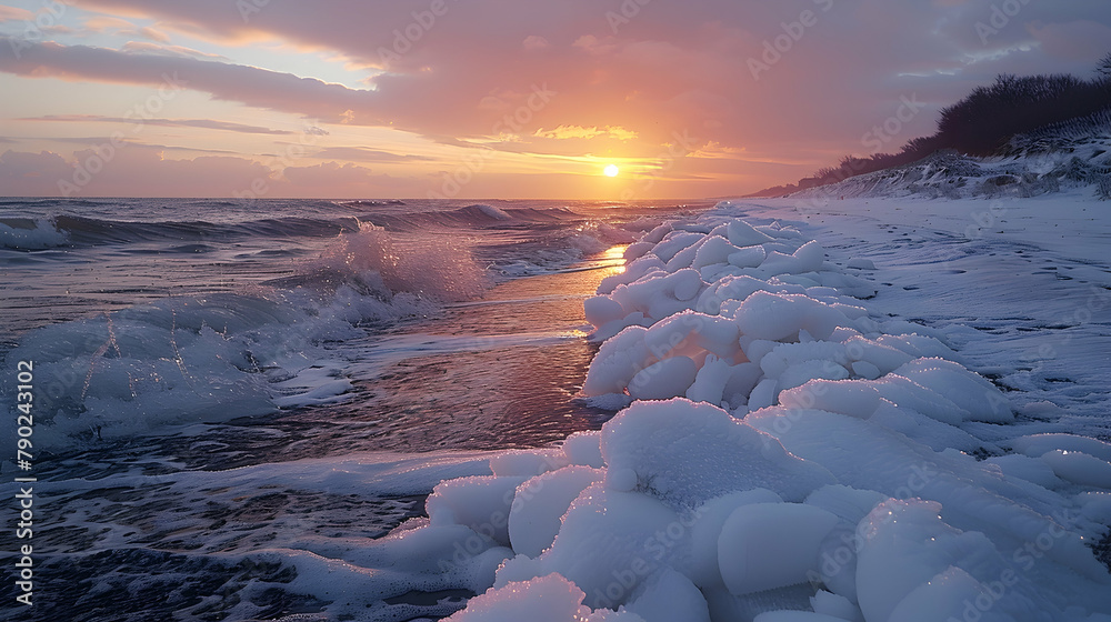 An ice-covered shoreline with chunks of sea ice being pushed onto the ...