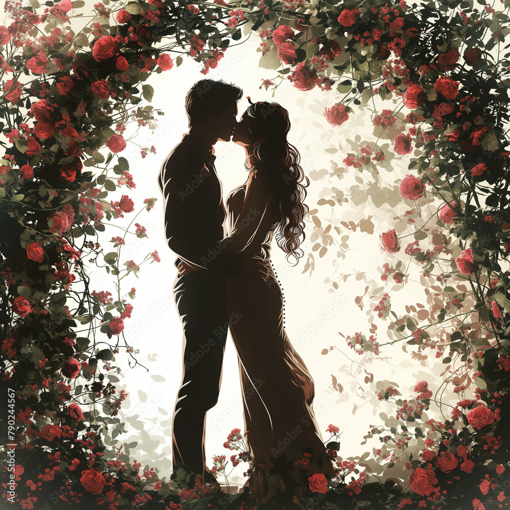 Romantic Illustration of a Kissing Couple Surrounded by Luxurious ...