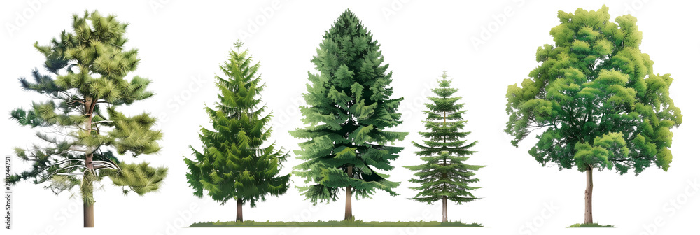 set of different evergreen trees from various climates, detailed ...