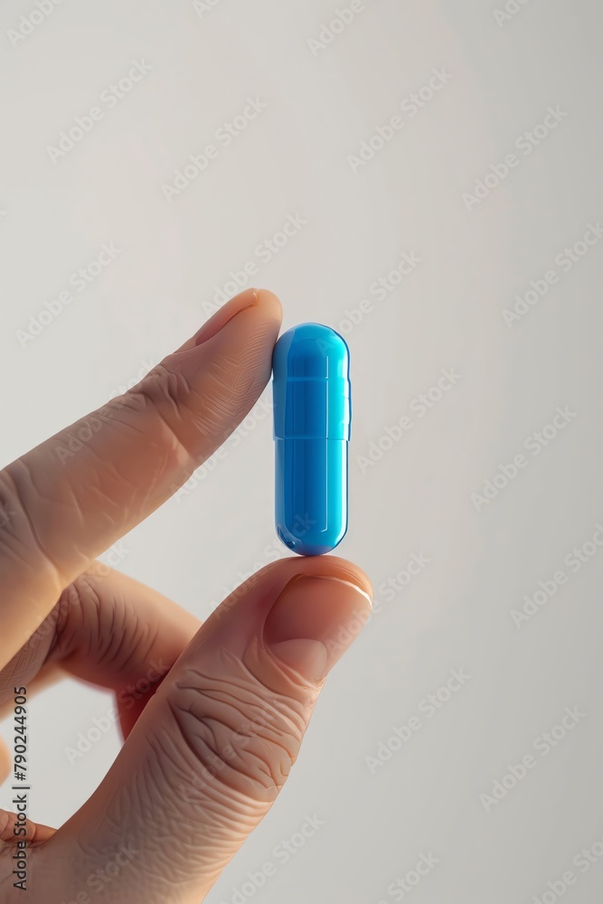 Realistic 3D closeup of fingers pinching a bright blue pill, minimalist ...