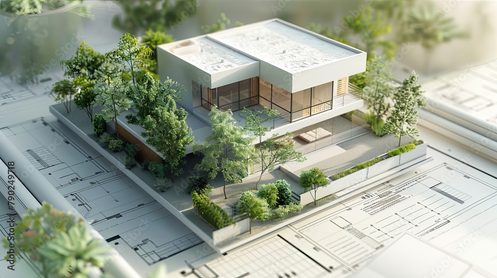 3D model of a contemporary, authentic building block mock-up with a ...