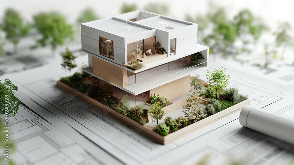 3D model of a contemporary, authentic building block mock-up with a ...