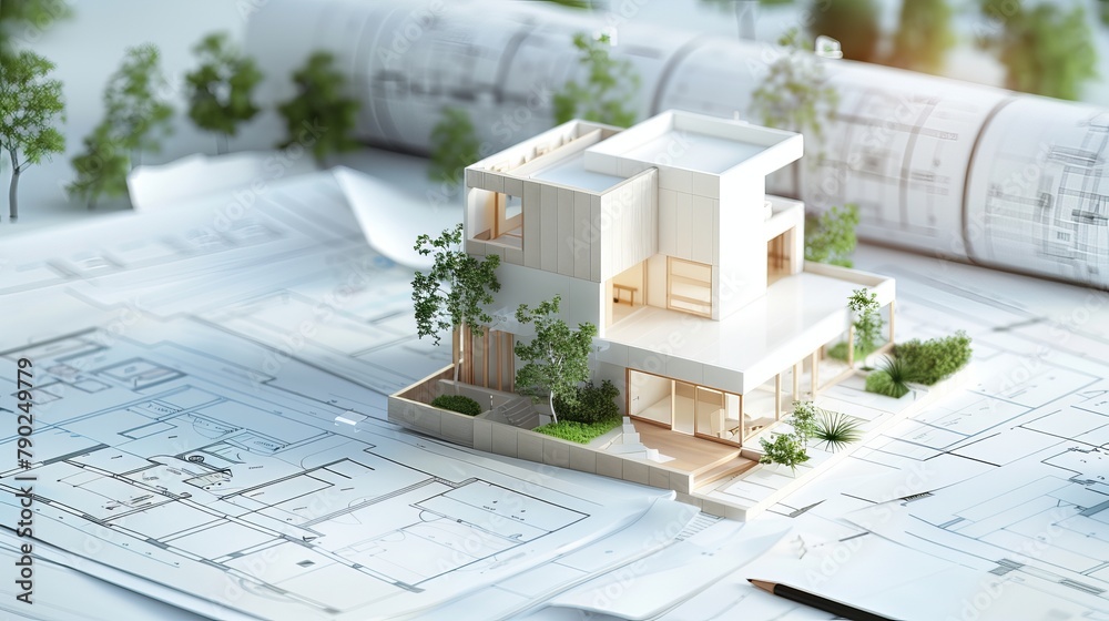 3D model of a contemporary, authentic building block mock-up with a ...