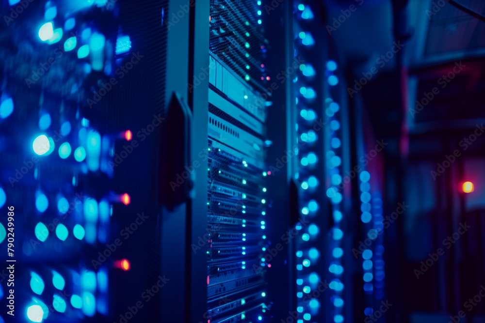 close-up photo of the glowing LEDs of a server rack against a deep blue ...