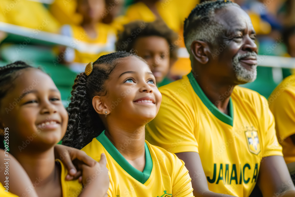 Jamaican football soccer fans in a stadium supporting the national team ...