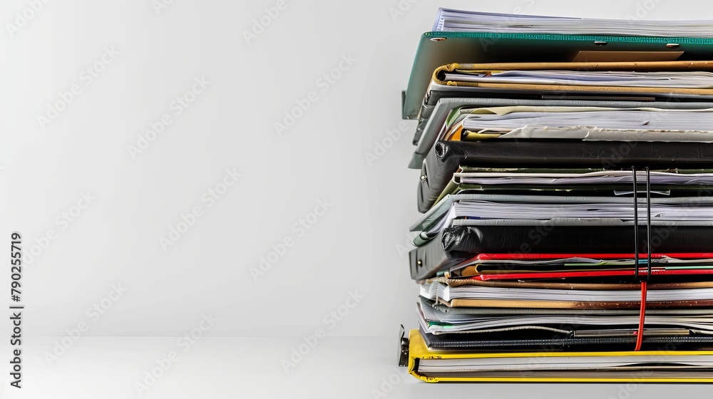 Documents in binders stacked against a white backdrop Stock ...