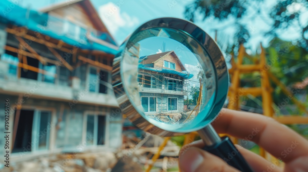 engineer use magnifying glass inspecting construction new house ...