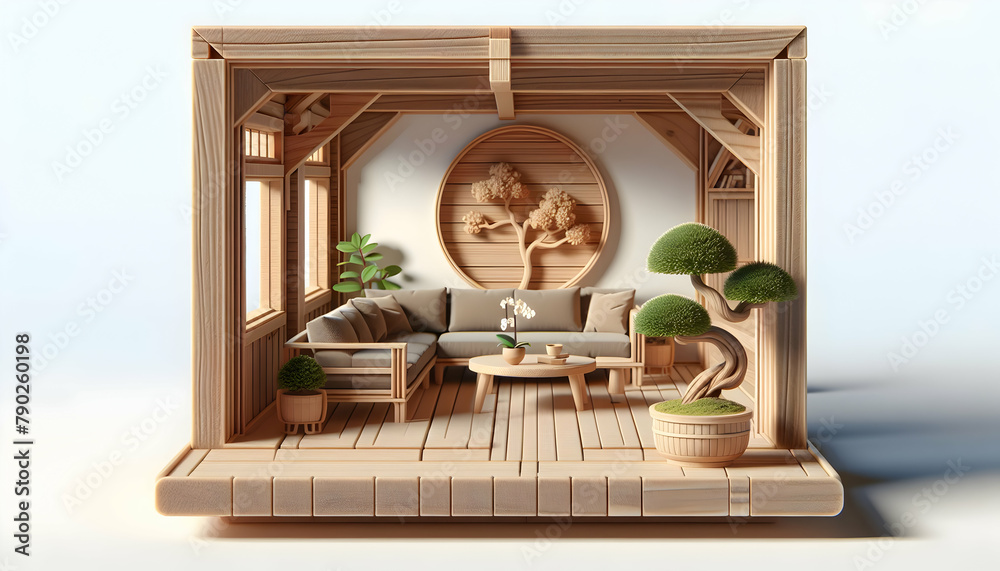 Realistic 3D Interior Design: Cozy Living Room with Wooden Beams and ...