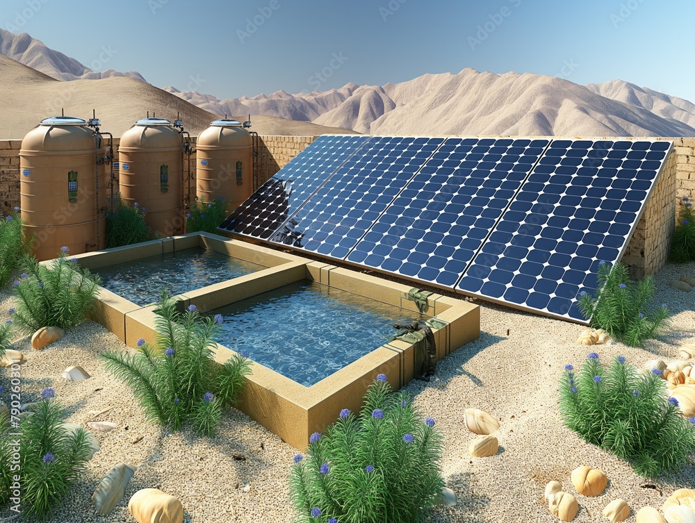 A solar panel array is installed on a hillside next to a small pond ...