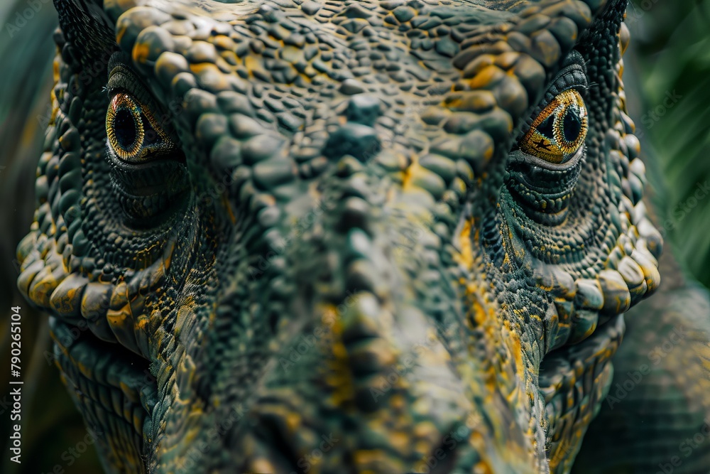This up-close image of a dinosaur model focuses on the eyes, giving a ...
