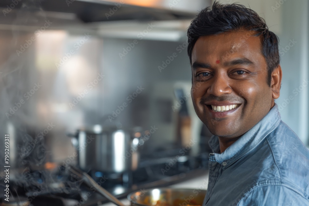 A happy man with a tilak on his forehead smiles as he cooks in a modern ...