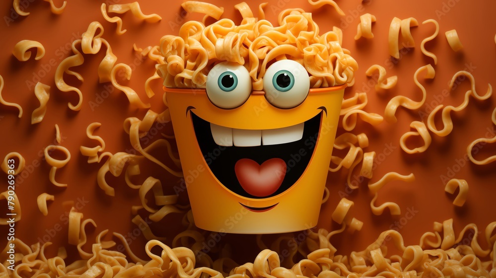 Playful paper cutout animation frame of an instant noodle cup running ...