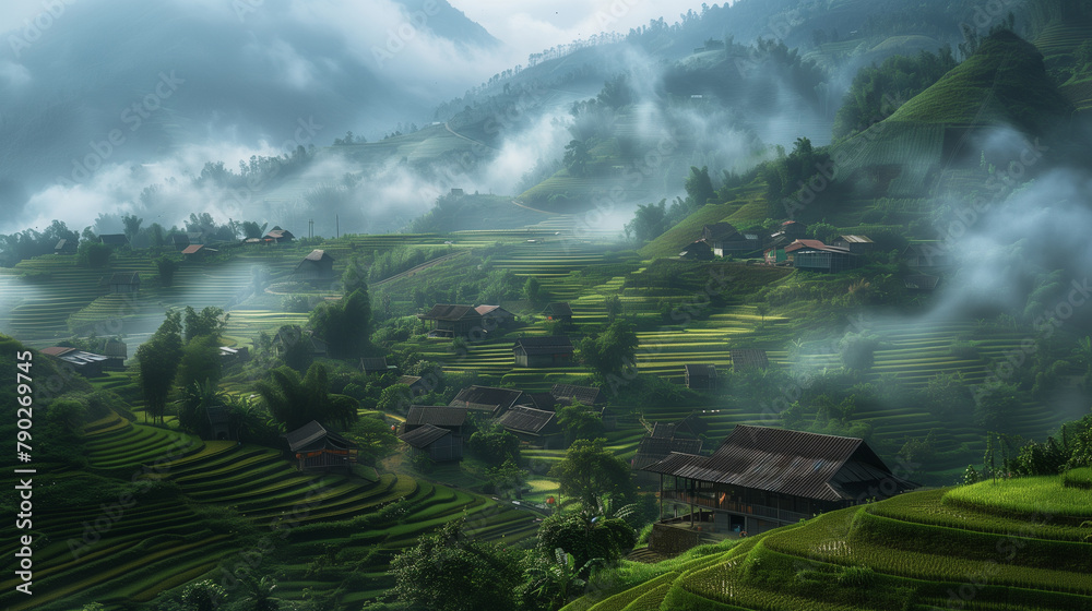 Hmong village nestled amidst lush mountain landscapes with traditional ...
