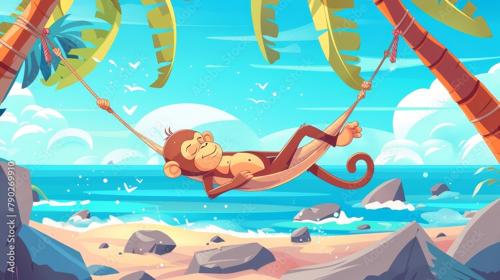 Monkey in hammock on tropical seaside beach with ocean view, rocks and ...