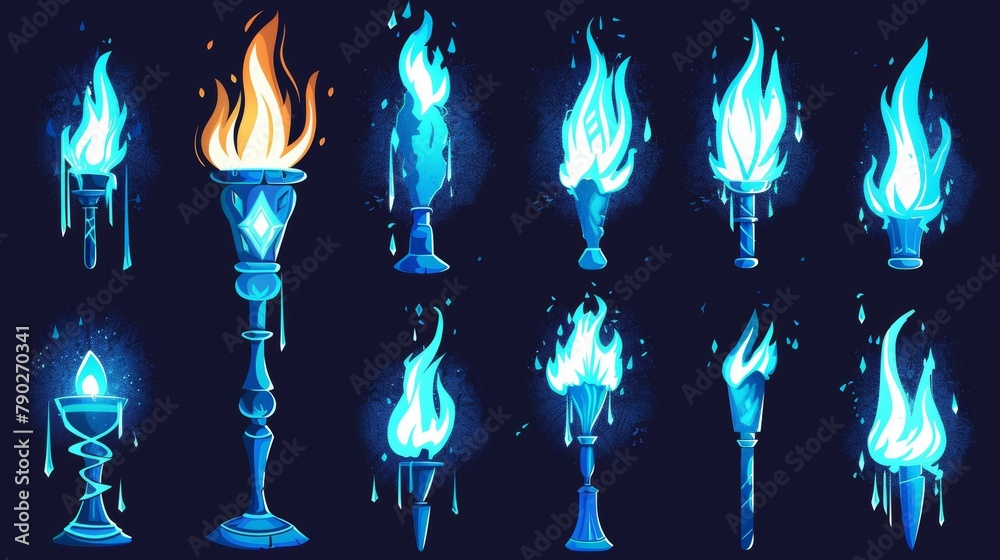 A black background with a 2D animation sheet of a blue flame on a torch ...