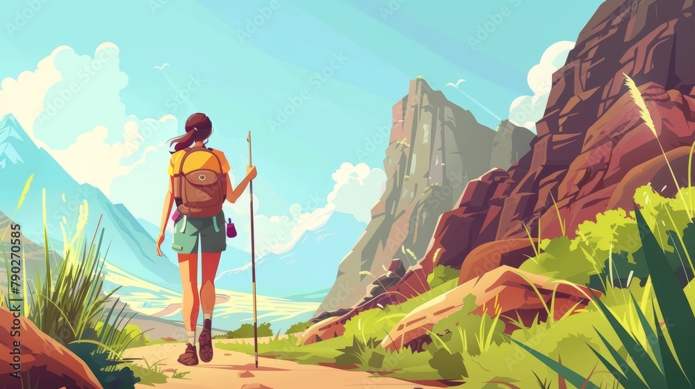 The cartoon illustration of a mountain landscape with a tourist in a ...