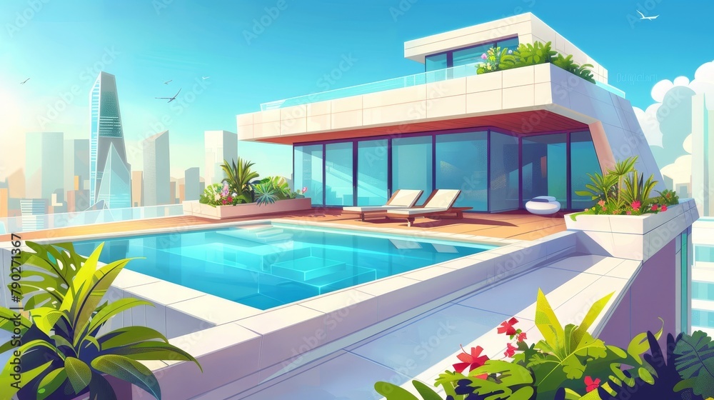 Animated modern illustration of rooftop garden with pool, urban outdoor ...