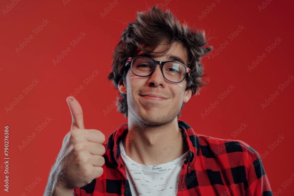 young male nerd with tape on his glasses, giving a thumbs up ...