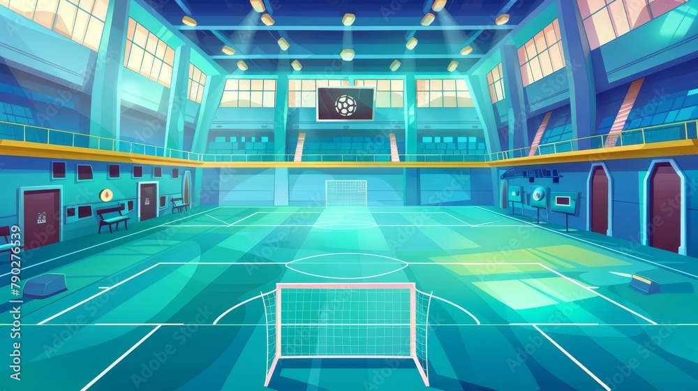 An interior of an indoor stadium with empty seats in fan sectors and a ...