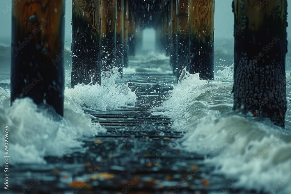 A photograph of a rain-soaked pier, waves crashing over the sides, with ...
