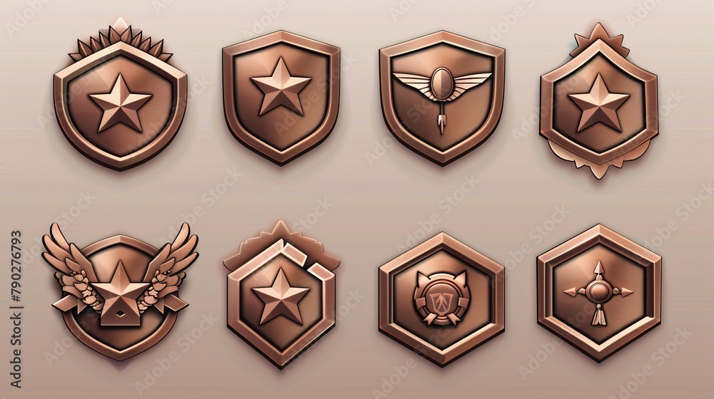 There is a set of game rank icons, bronze level badges, metallic ...