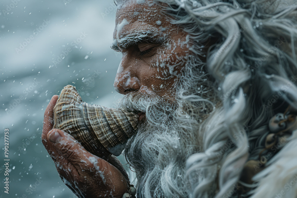 A photograph of Triton, the merman messenger of the deep sea, blowing ...