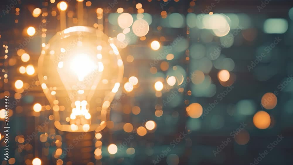 A single light bulb emits a strong glow against the dark background ...