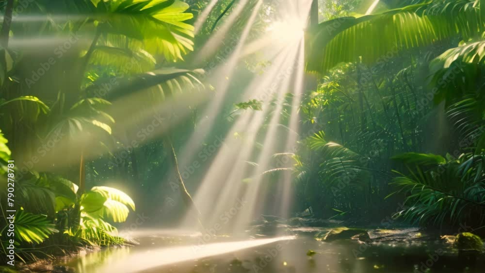 Stockvideon The sun shines through towering trees in the jungle ...