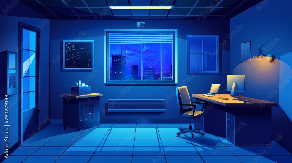 During the night, a police department office interior with a blackboard ...