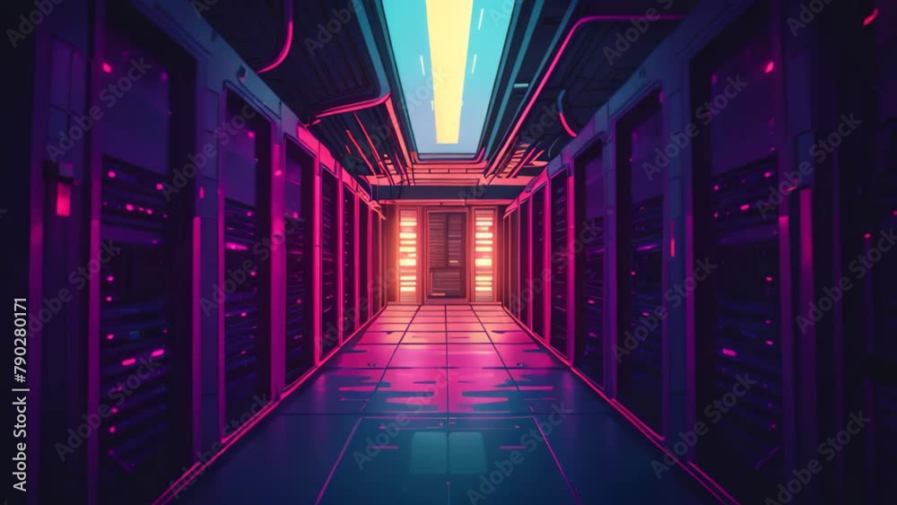 A long hallway in a data center showcasing multiple rows of servers ...