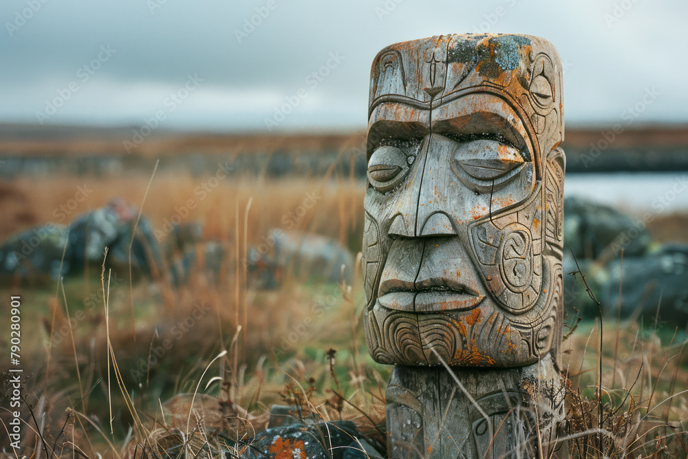 An image illustrating the recovery of a carved wooden totem from a peat ...