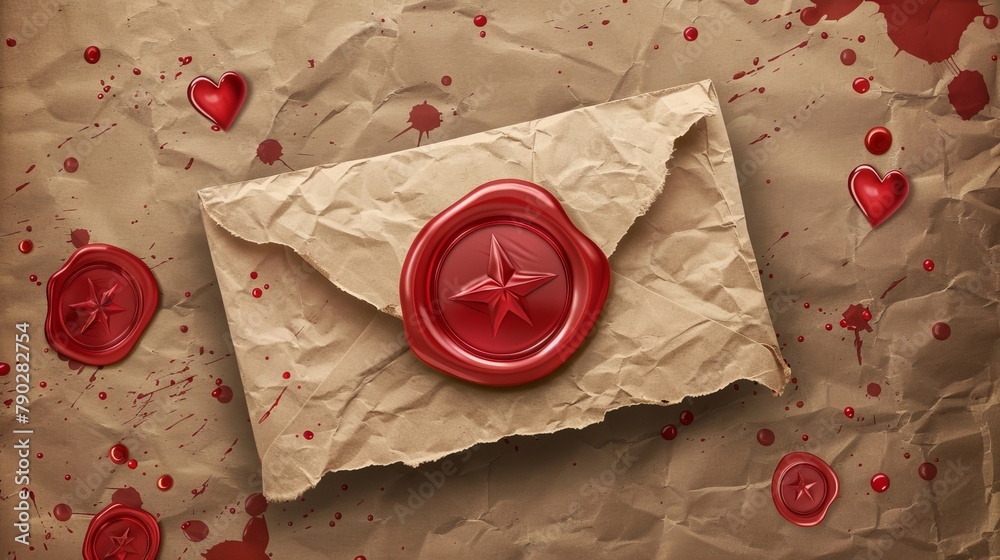 The old mail letter has a red wax seal and is sealed with a vintage wax ...