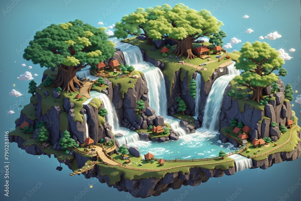 3D Isometric View of Waterfall, 3D Isometric View of Nature Environment ...