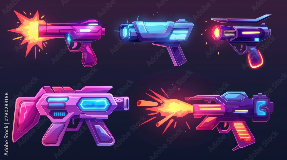 Laser gun set on black background. Modern illustration of magical space ...