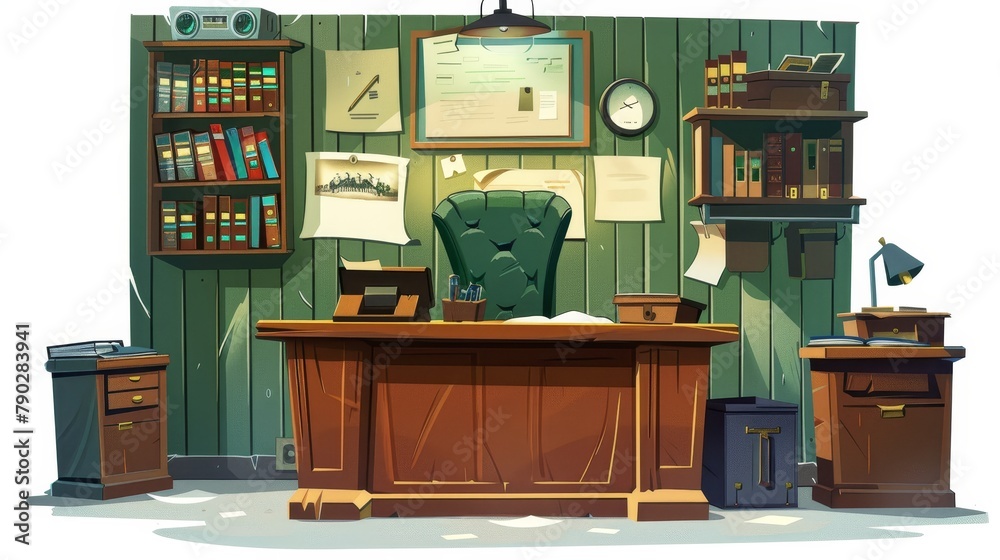 An interior shot of a detective's office featuring a desk and archive ...