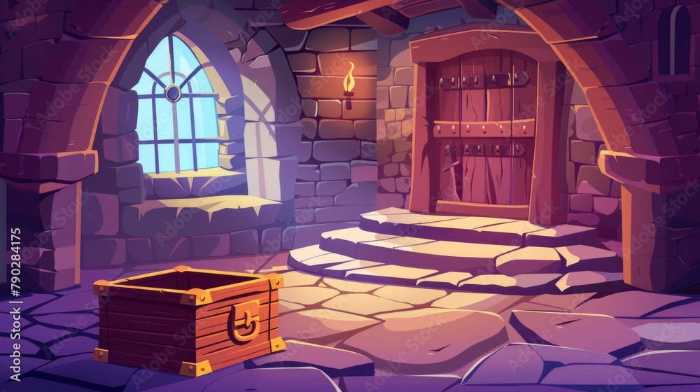 Game background with medieval dungeon with stairs and treasure chest ...
