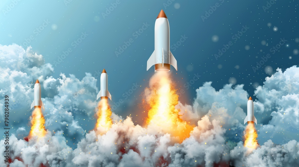 The sound of rocket launches with smoke trails and flame moderns. The ...