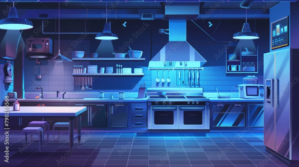 Nighttime kitchen interior illustration with cooking equipment, table ...